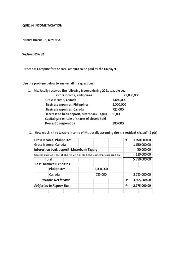 QUIZ 4 - Income Tax | PDF | Gross Income | Taxes