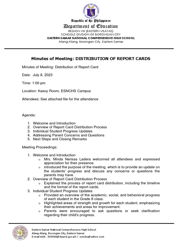 Minutes of Meeting - Distribution of Report Cards | Download Free PDF ...