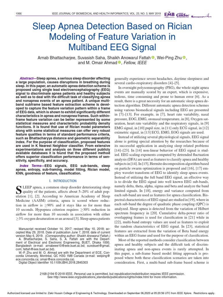 2019 Sleep Apnea Detection Based On Rician Modelling of Feature Variations in Multi Band EEG ...