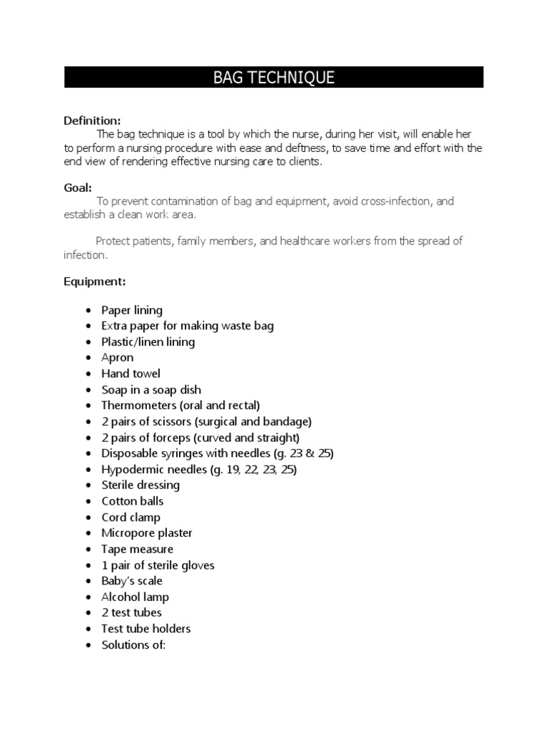 Bag Technique Skills Checklists | PDF | Hand Washing | Medicine