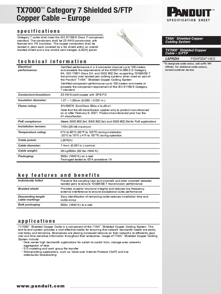 Specifications: Tx6A Shielded Copper Cabling System TX7000 Shielded ...