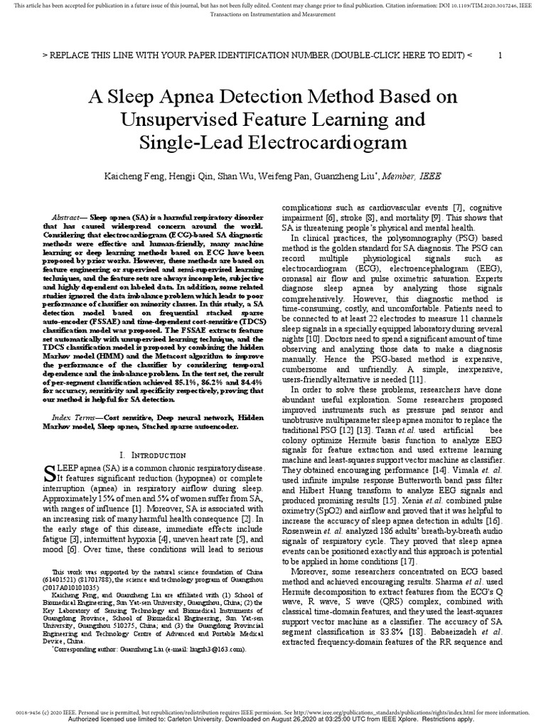 Tim 2020 A Sleep Apnea Detection Method Based On Unsupervised Feature