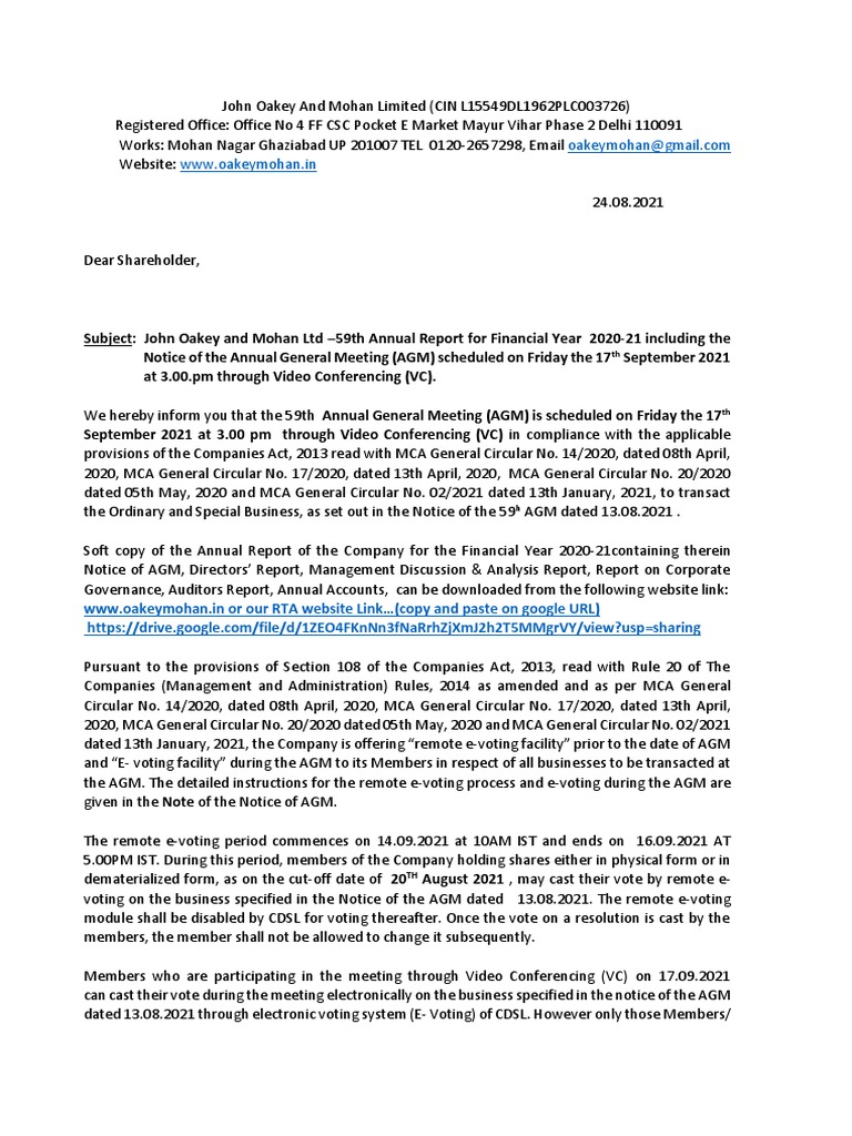 John Oakey Annual Report 2020-21 | PDF | Electronic Voting | Login