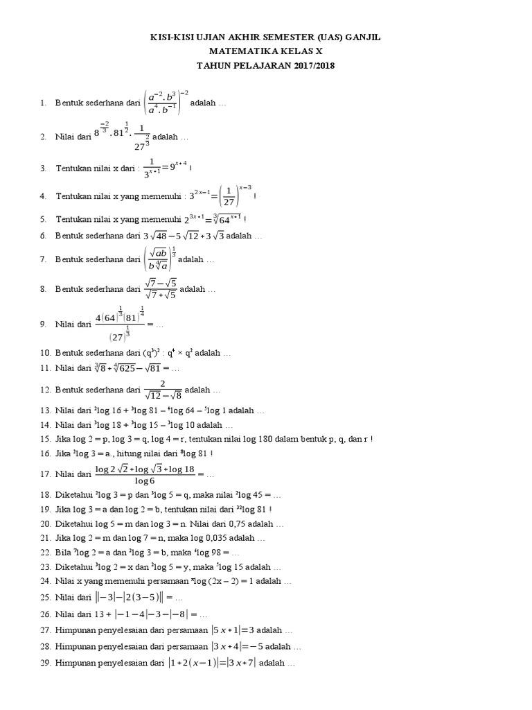 Kisi-Kisi Matematika Uas Ganjil Kls X | PDF