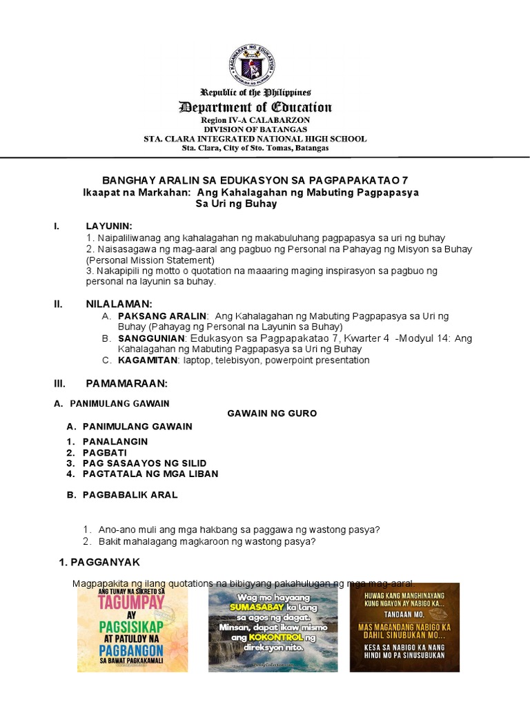 ESP BANGHAY ARALIN SA Aralin 14 Ang Kahalagahan NG MAbuting Pagpapasya 4444 | PDF