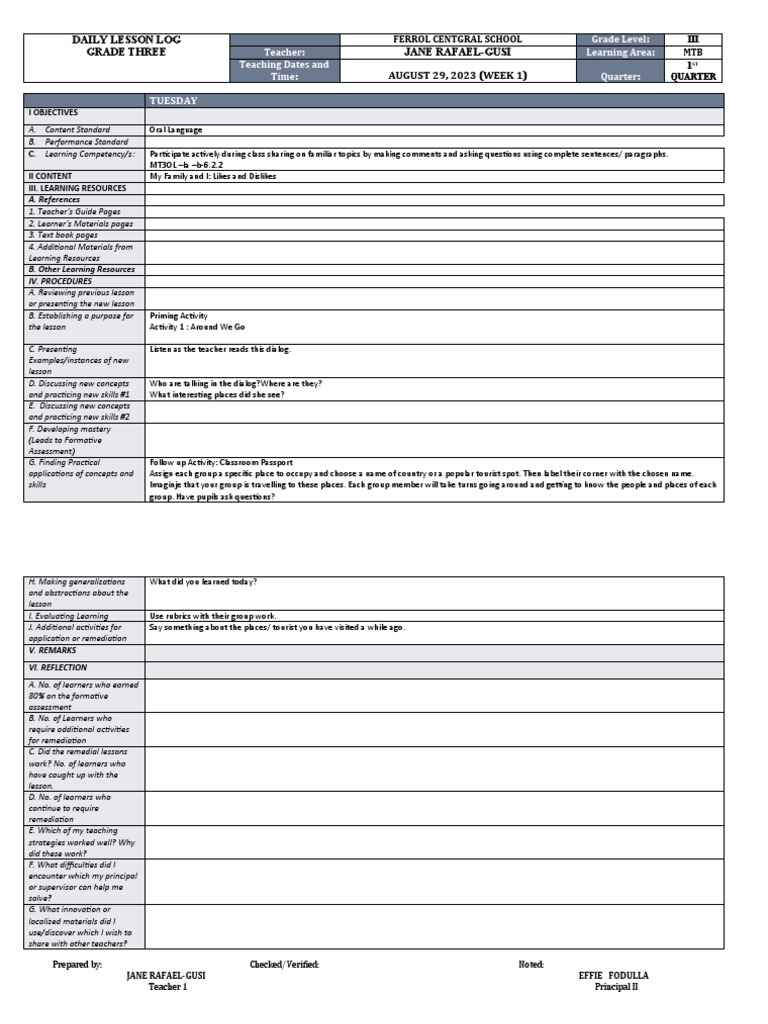 DLL - MTB 3 - Q1 - W1 | PDF | Learning | Pedagogy