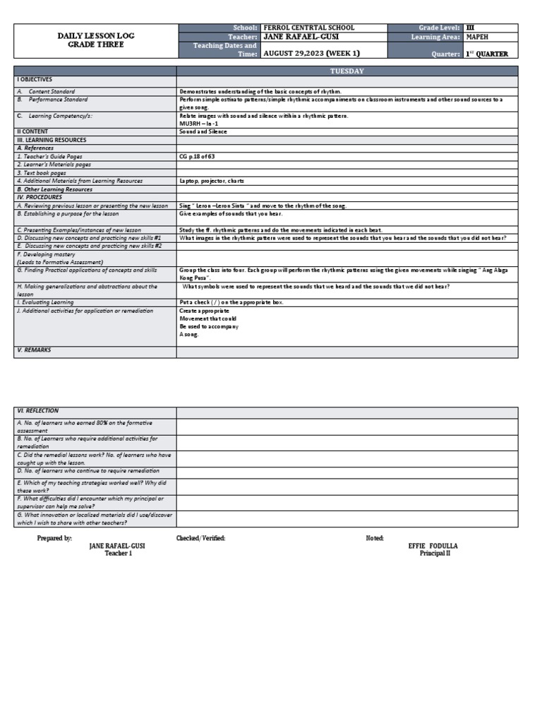 DLL - Mapeh 3 - Q1 - W1 | PDF | Learning | Teachers