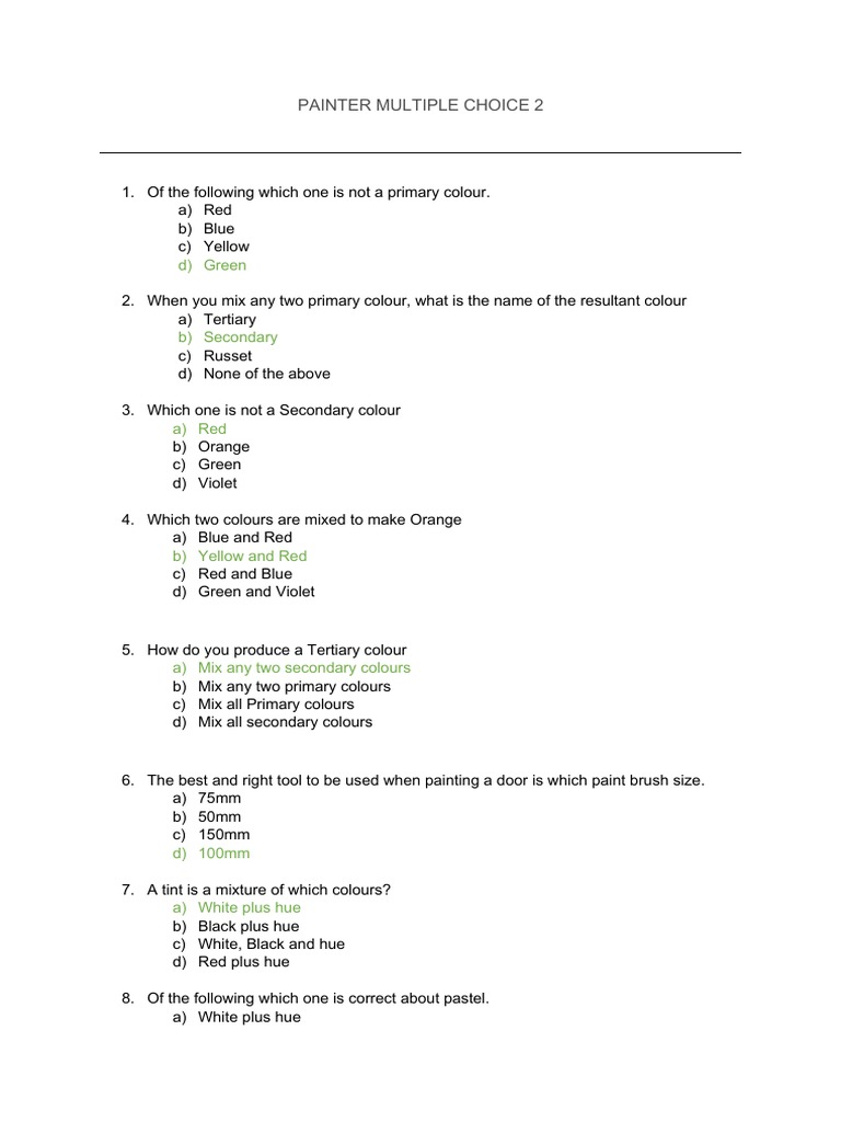 Painter Multiple Choice Paper 2 | PDF | Paint | Color