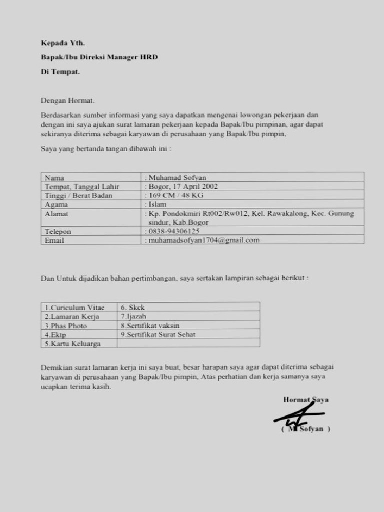 Surat Lamaran M.Sofyan | PDF