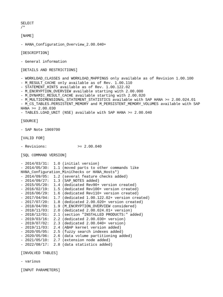 HANA Configuration Overview 2.00.040+ | PDF | Table (Database) | Software Engineering