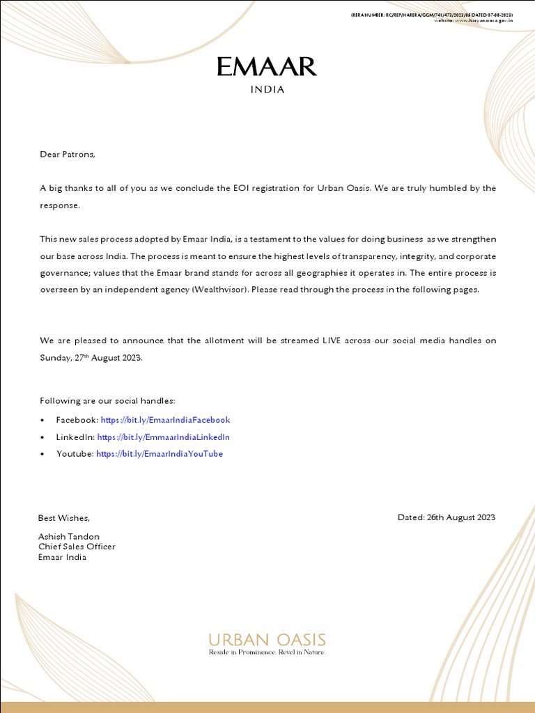 Emaar India Urban Oasis Allotment Process | PDF