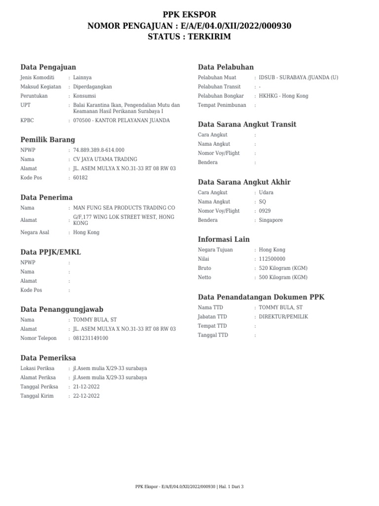 CV Jaya Utama Trading PPK Aju 930 | PDF