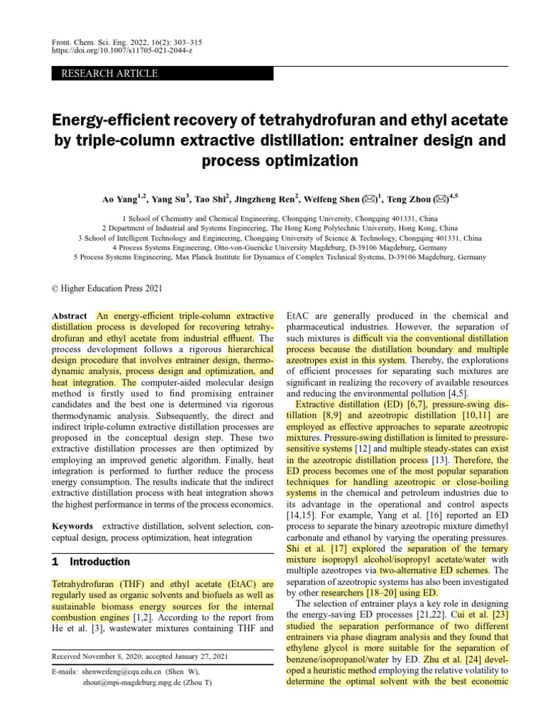 Energy-Efficient Recovery of Tetrahydrofuran and Ethyl Acetate by Triple-Column Extractive ...