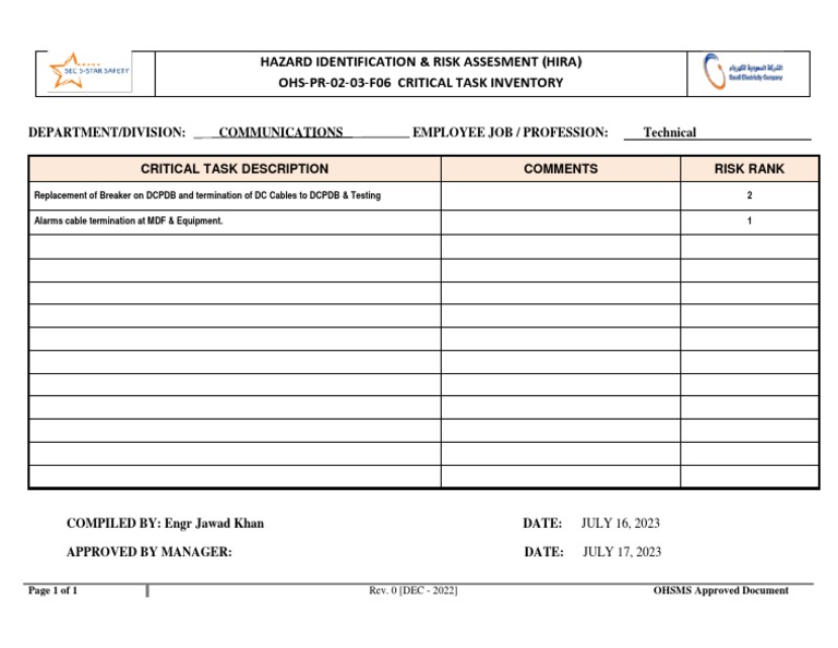 03-F06 Critical Task Inventory - DAMMAM | PDF