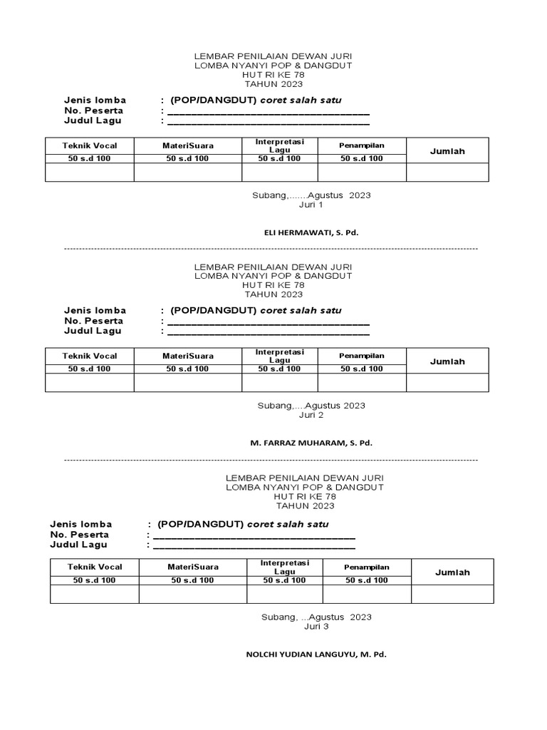 Lembar Penilaian Dewan Juri | PDF