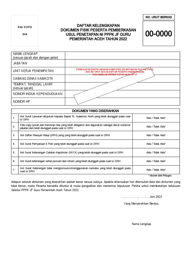 Dokumen Pemberkasan PPPK Guru Aceh | PDF