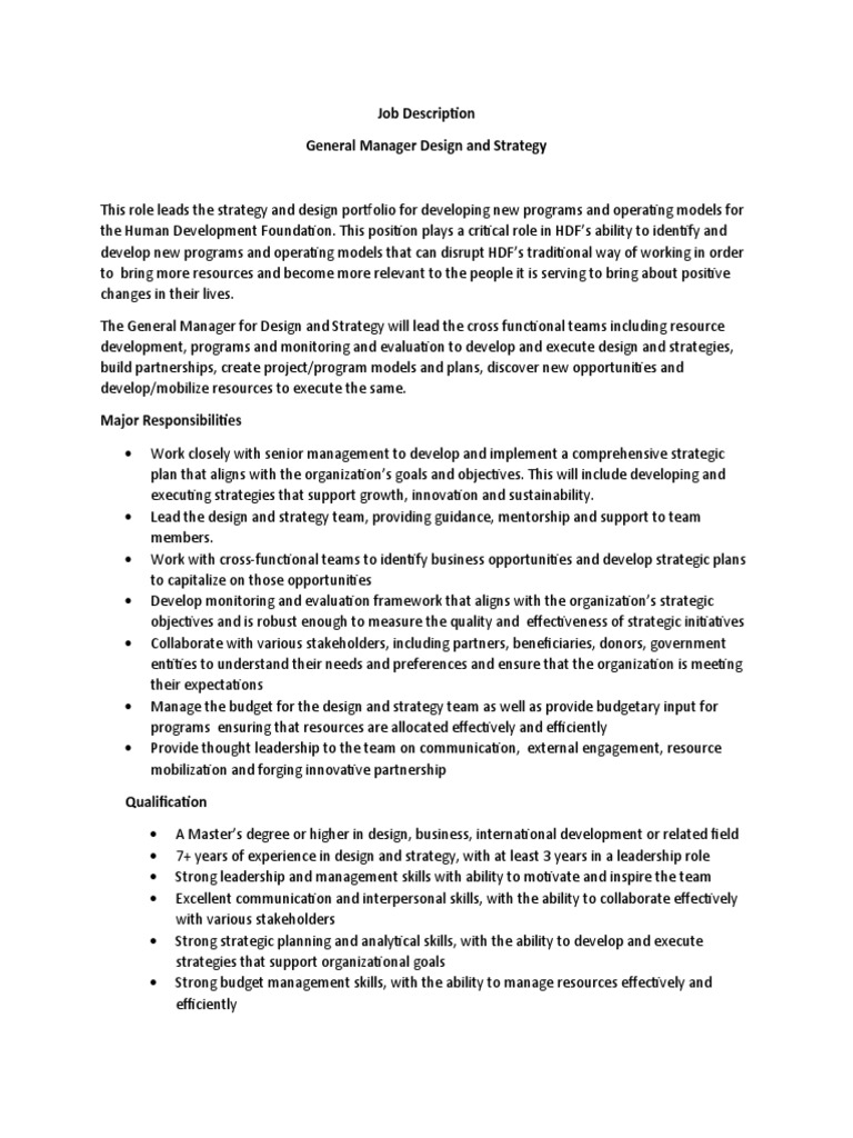 Job Description GM Design and Strategy | PDF | Strategic Management ...