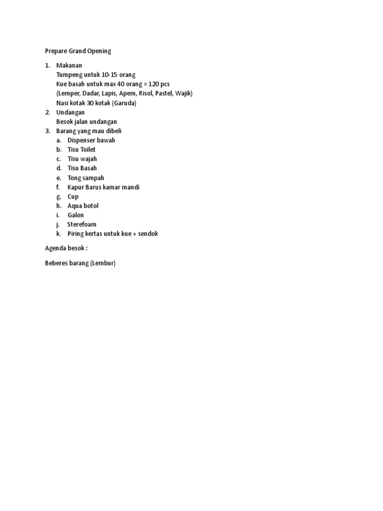 Prepare Grand Opening | PDF | Memasak, Makanan, & Anggur