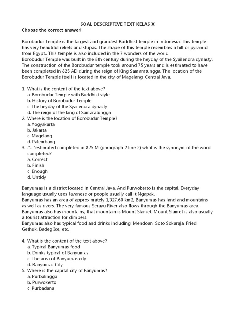 Soal Descriptive Text Kelas X | PDF | Temple