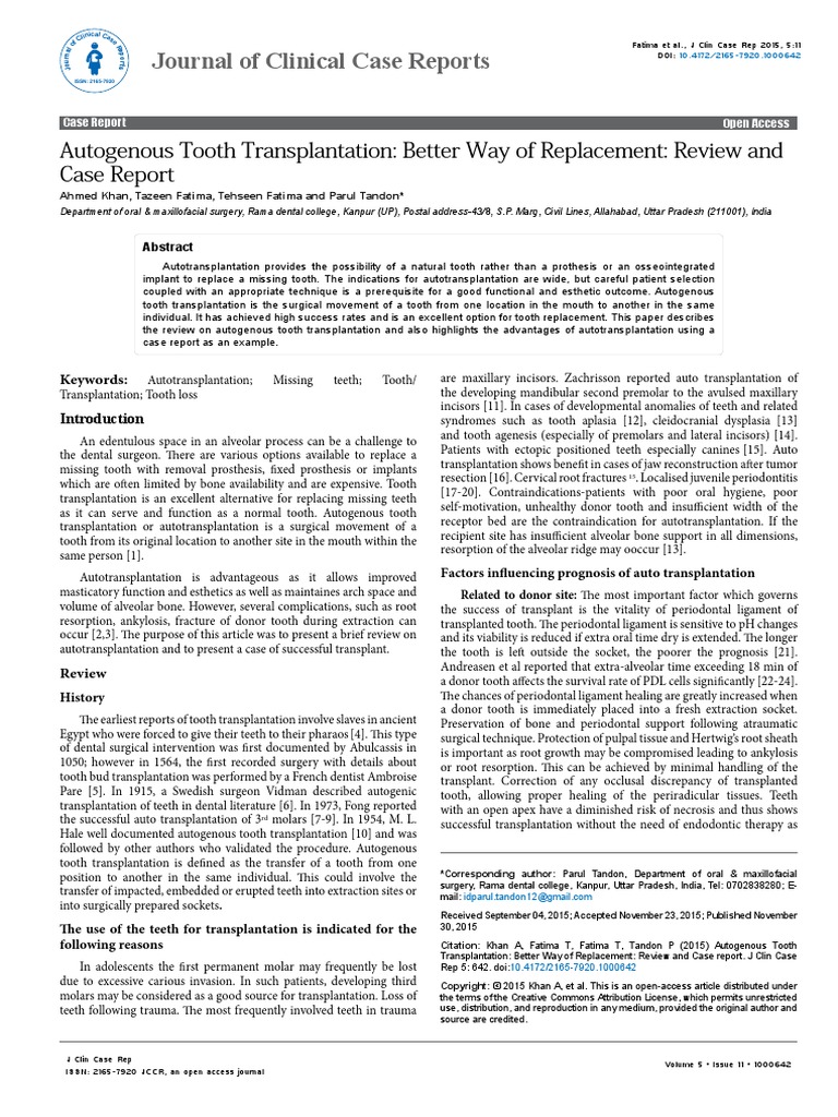 Autogenous Tooth Transplantation Better Way of Replacement | PDF ...