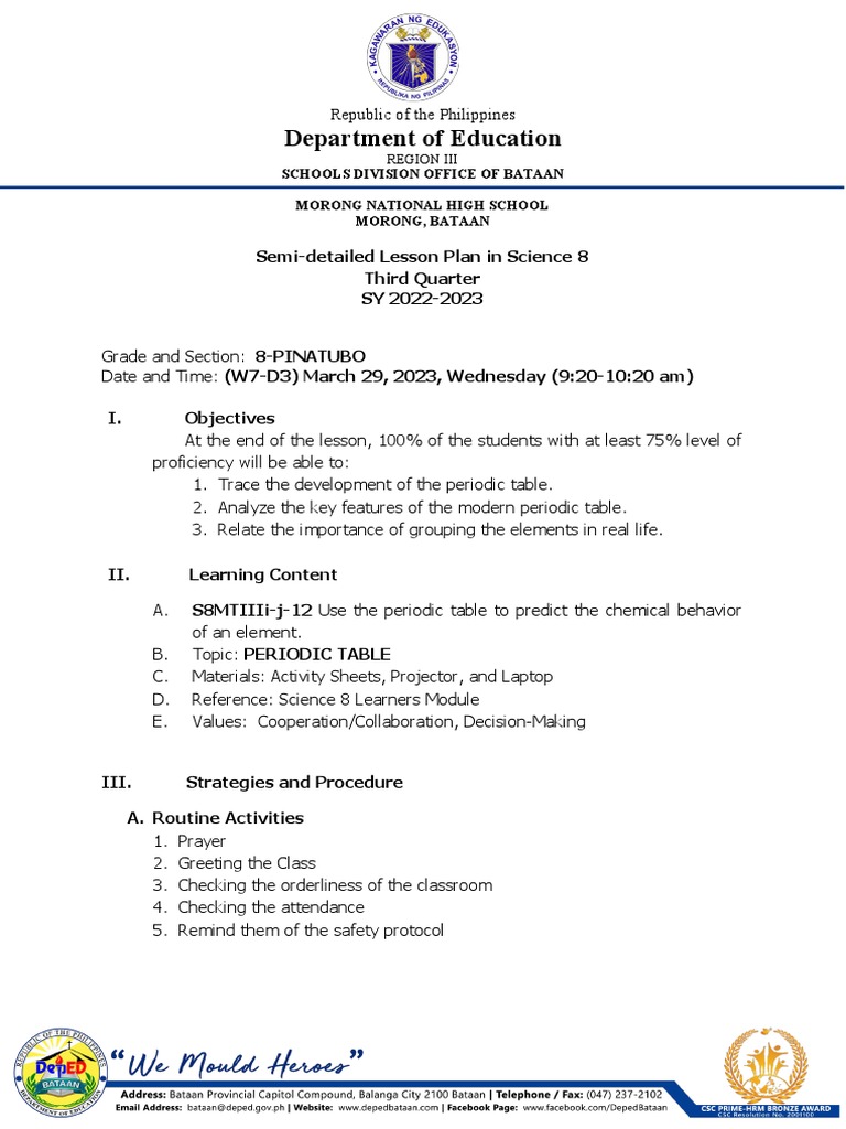 Science 8 Periodic Table Lesson Plan | PDF | Chemistry | Physical Sciences