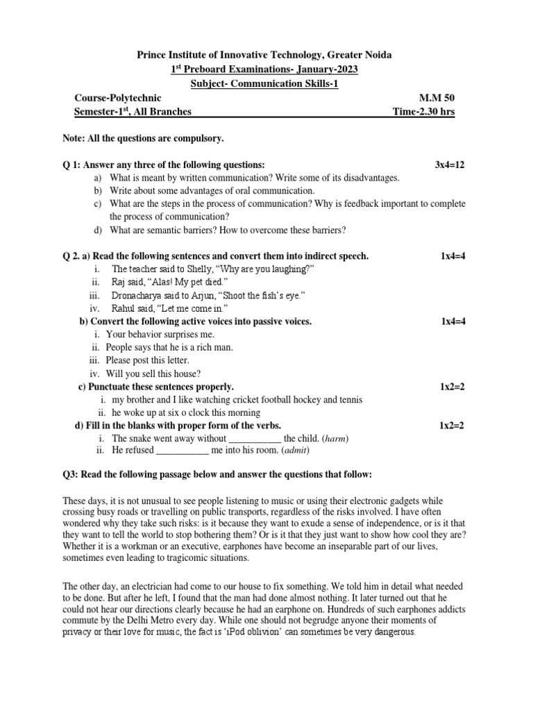Polytechnic Communication Skills Exam 2023 | PDF | Communication