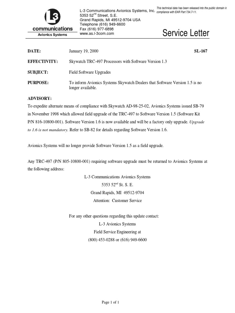 Skywatch TRC-497 Software Upgrade Notice | PDF