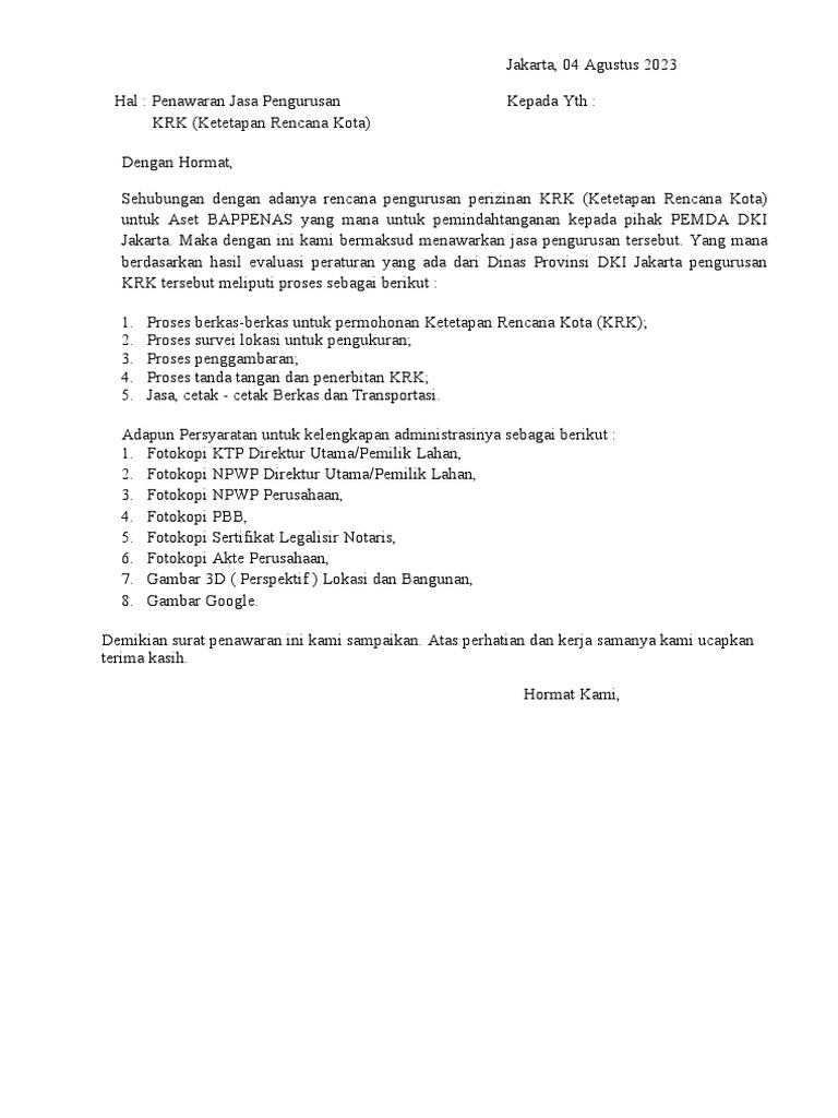 Surat Penawaran Pengurusan KRK | PDF