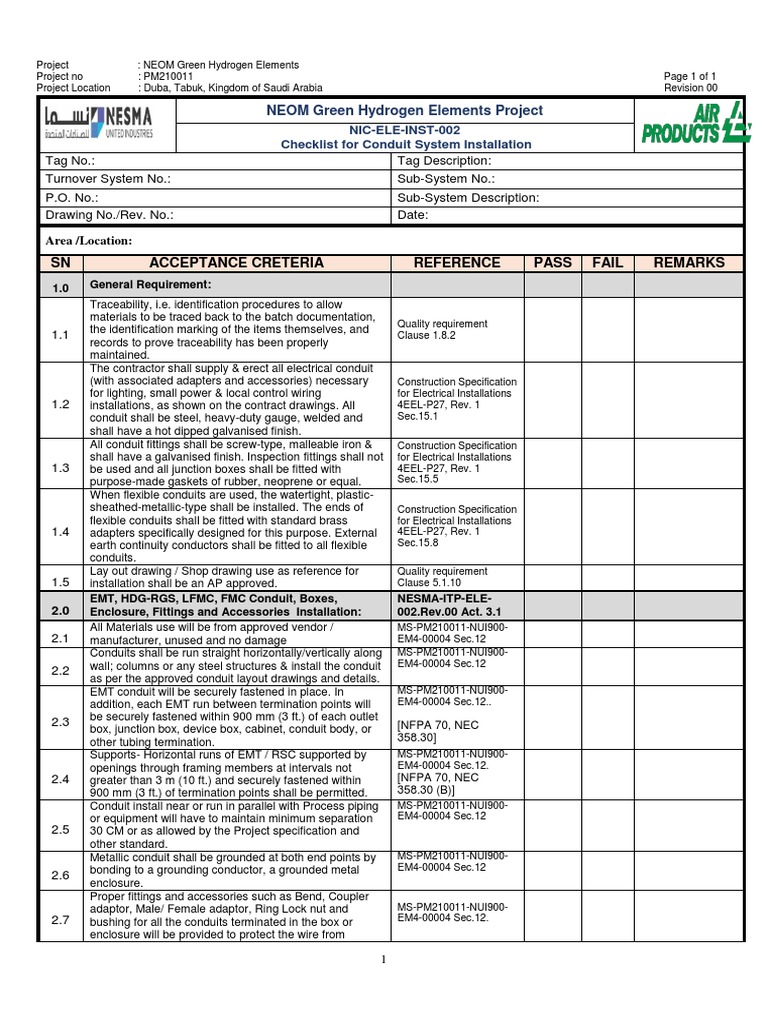 NIC-ELE-INST-002-Rev.00 Conduit System Installation Checklist | PDF ...