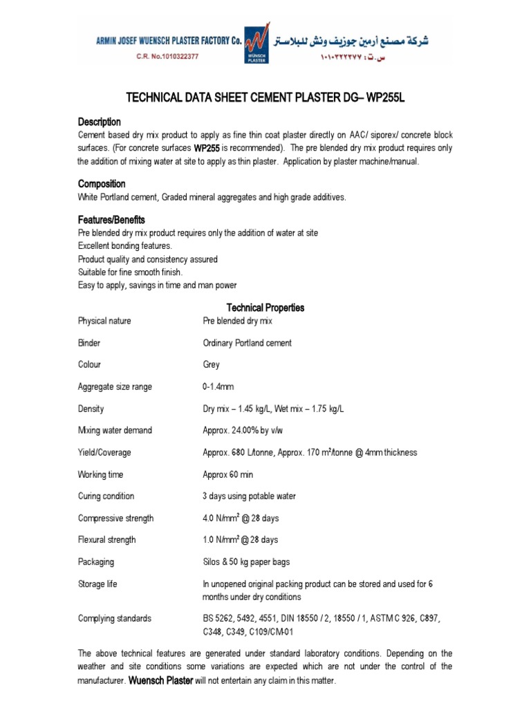 Technical Data Sheet Cement Plaster DG - Wp255L: Description | PDF ...