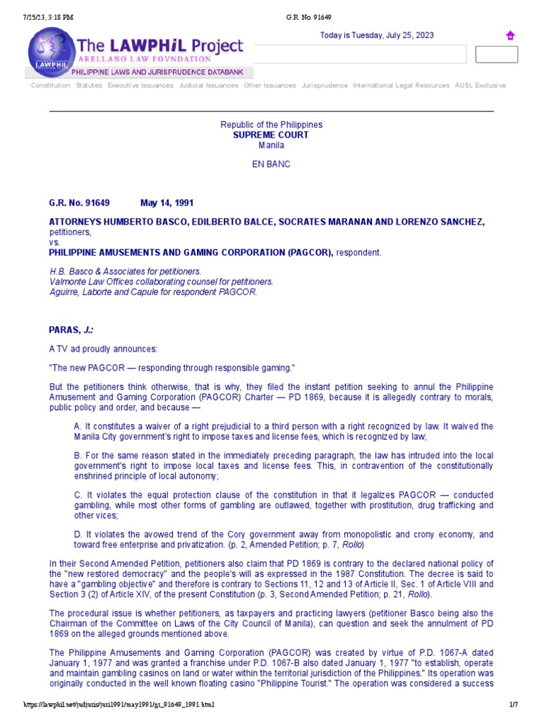 Basco v. Philippine Amusements and Gaming Corporation (PAGCOR), 197 ...