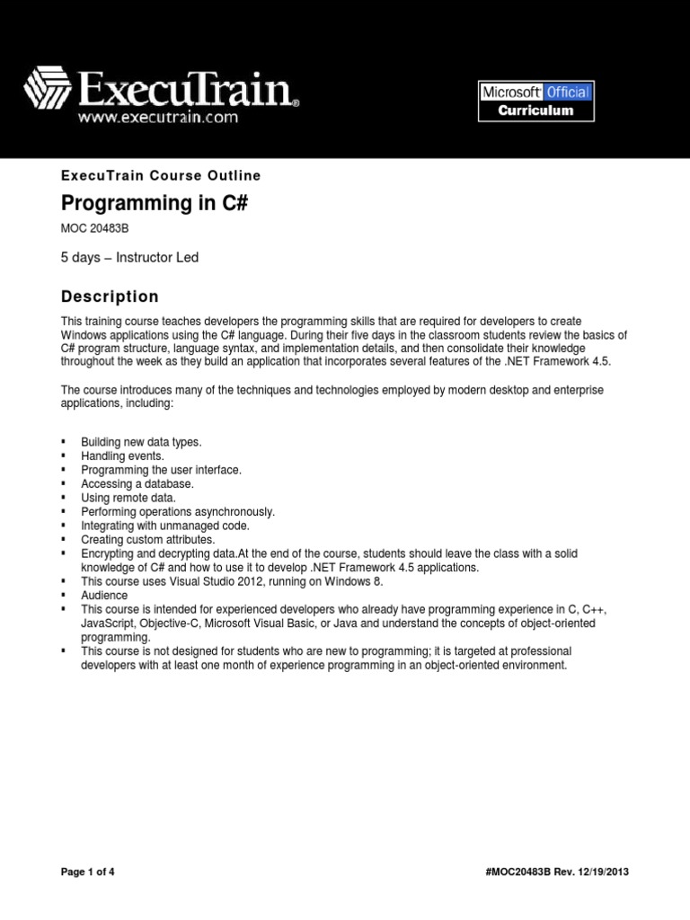MOC 20483B Programming in C# | PDF | C Sharp (Programming Language) | Class (Computer Programming)