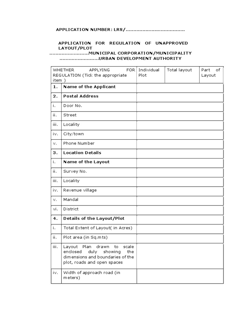 APPLICATION Form REGULATION OF UNAPPROVED LAYOUT PLOT | PDF