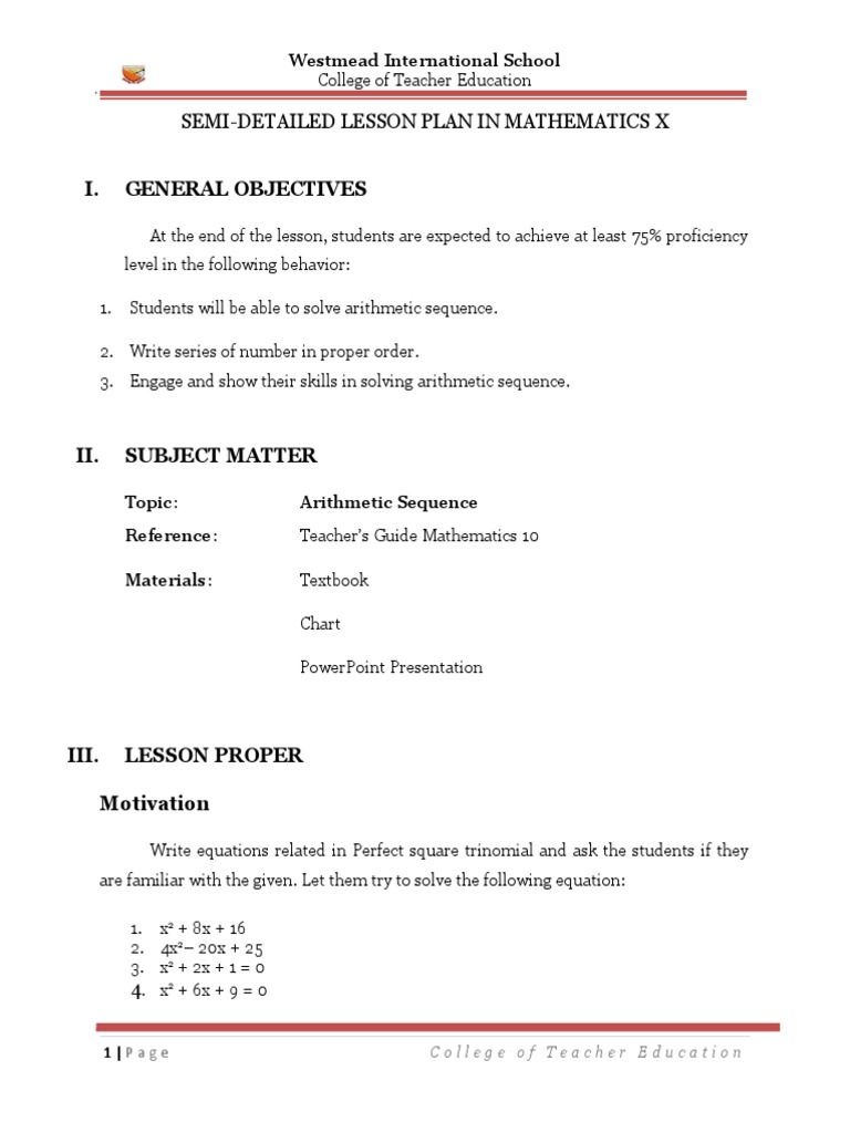 Grade 10 Arithmetic Sequence Lesson Plan | PDF | Mathematics | Lesson Plan