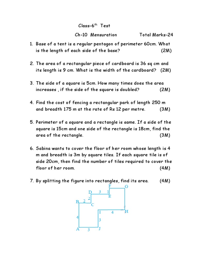Class-6 Mensuration Worksheet | PDF