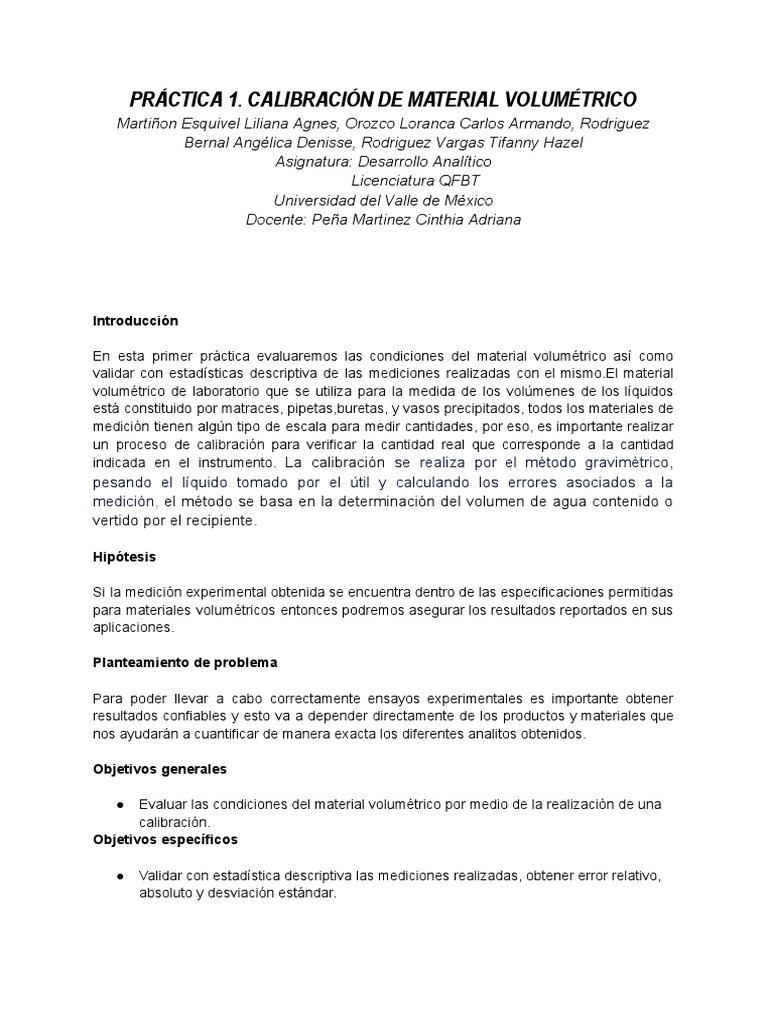 PRÁCTICA 1. Calibración de material volumétrico | PDF | Calibración ...