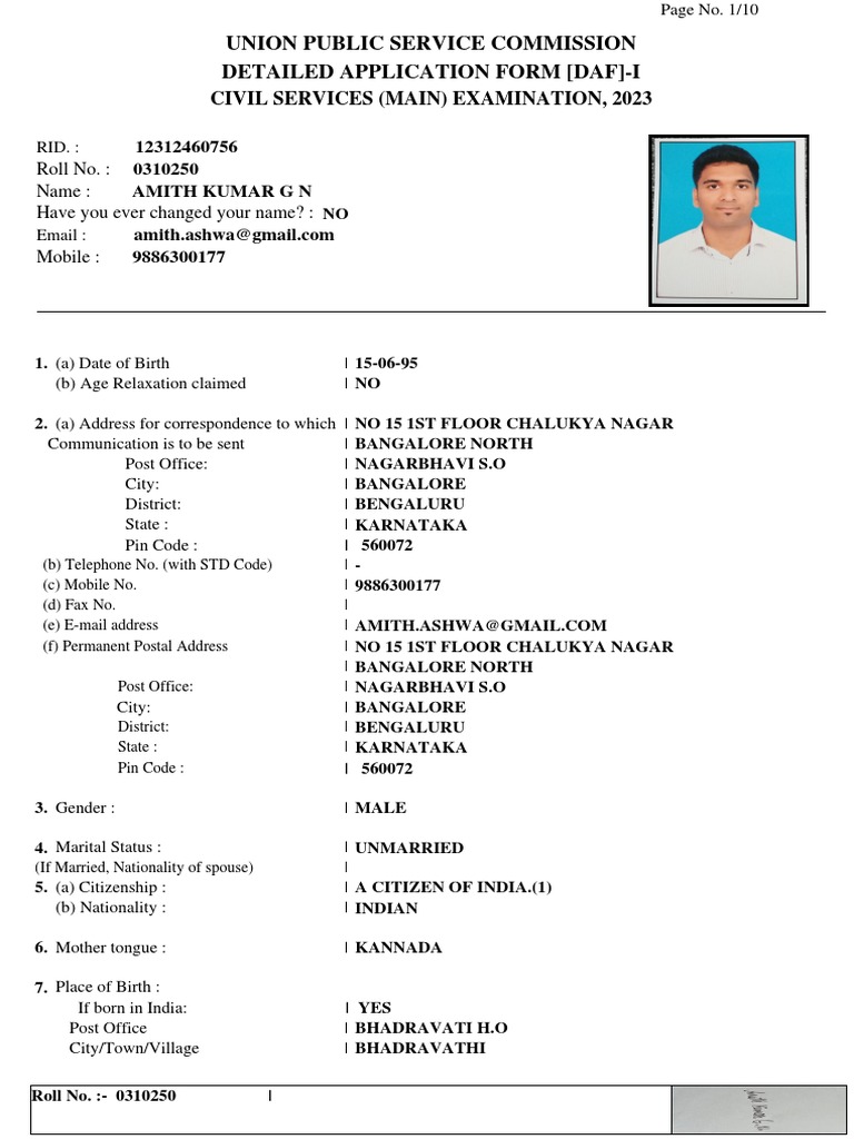 Union Public Service Commission Detailed Application Form (Daf) - I ...