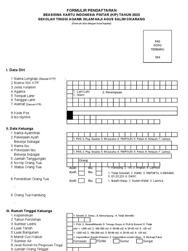 Form Pendaftaran KIP Mahasiswa Tahun 2023 | PDF