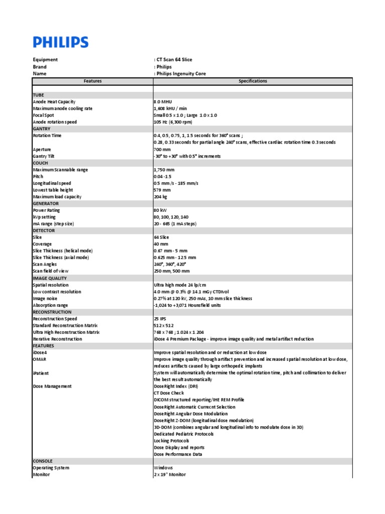 Spesifikasi Philips Ingenuity Core | PDF | Ct Scan | Imaging