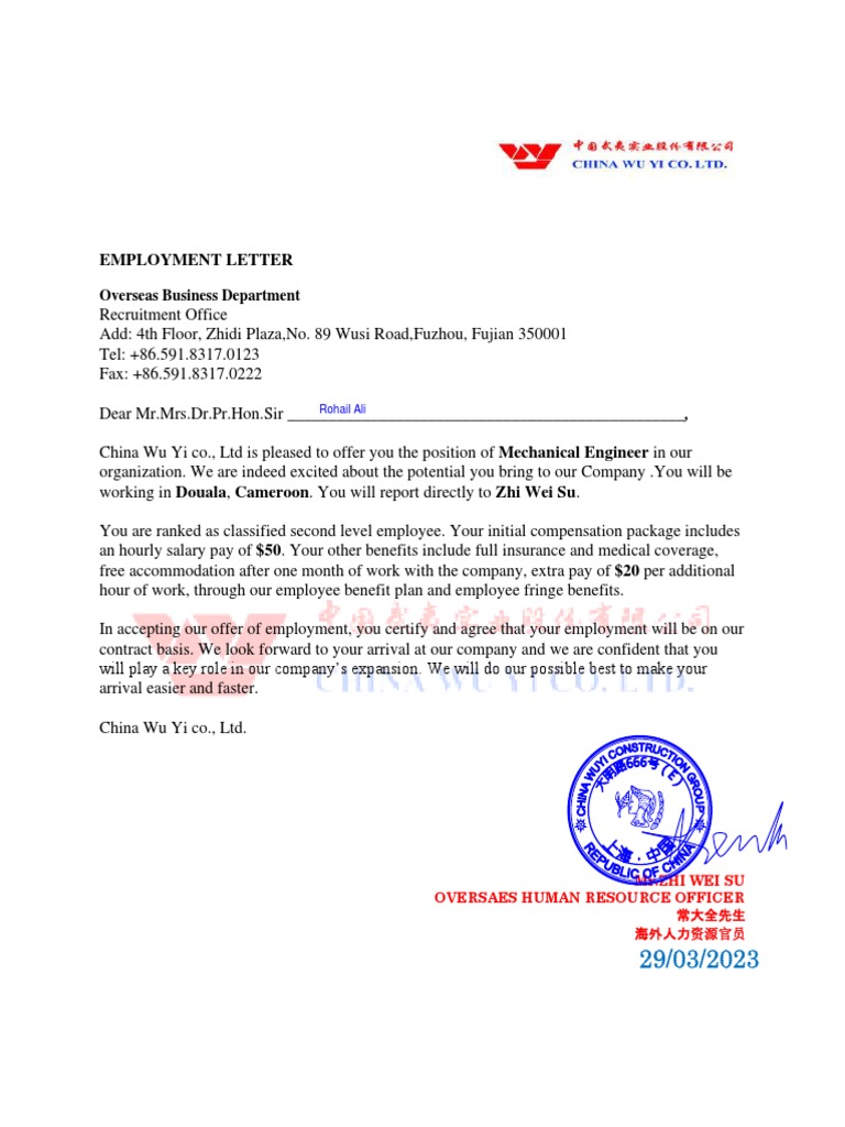 Mechanical Engineer Letter of Employment | PDF
