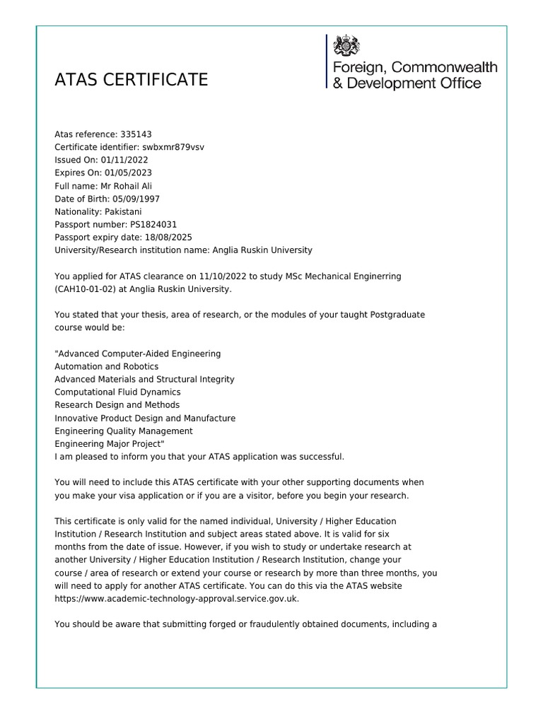 ATAS Certificate | PDF