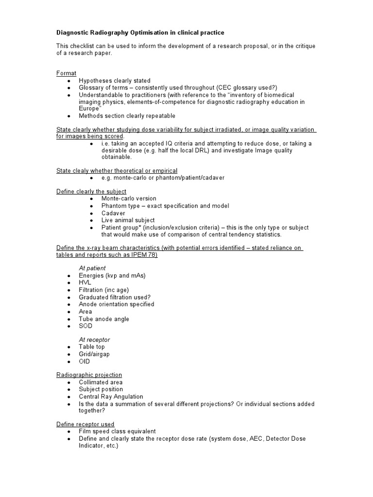 Checklist - Diagnostic Radiography Optimisation in clinical practice | PDF