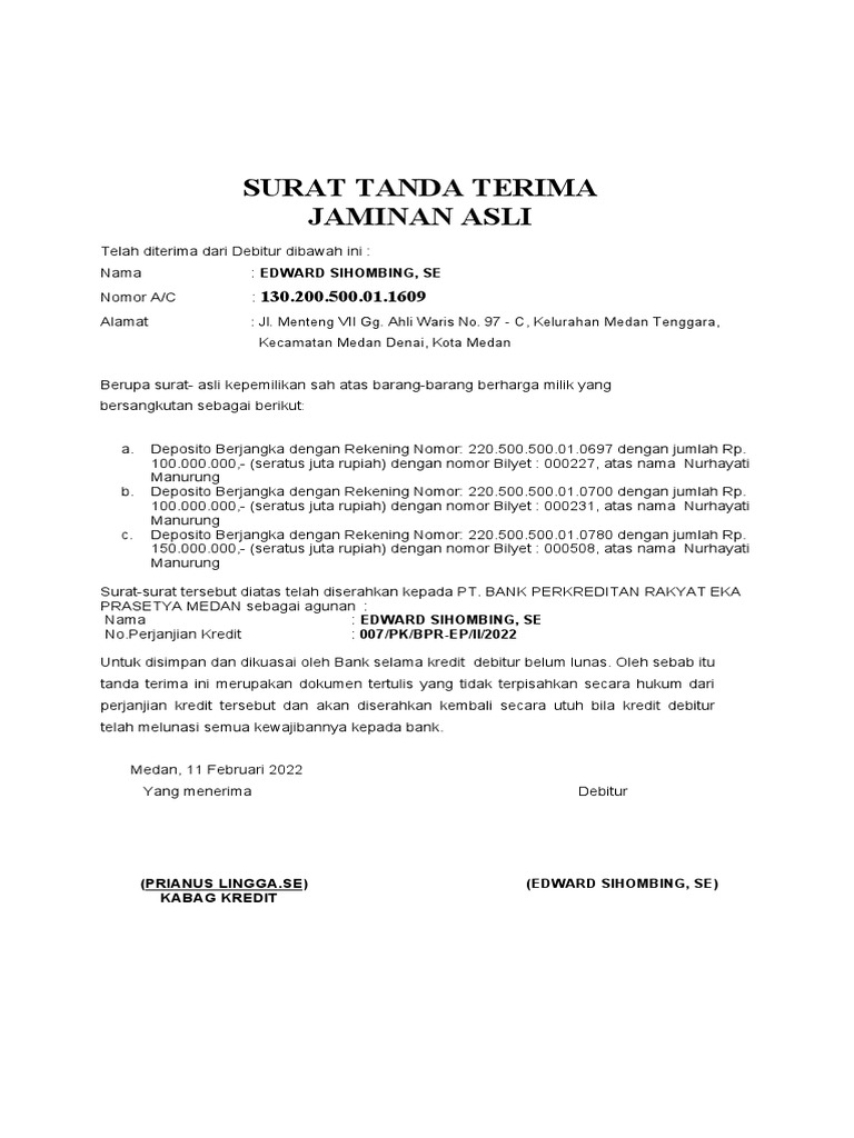 Surat Tanda Trima Agunan Asli | PDF