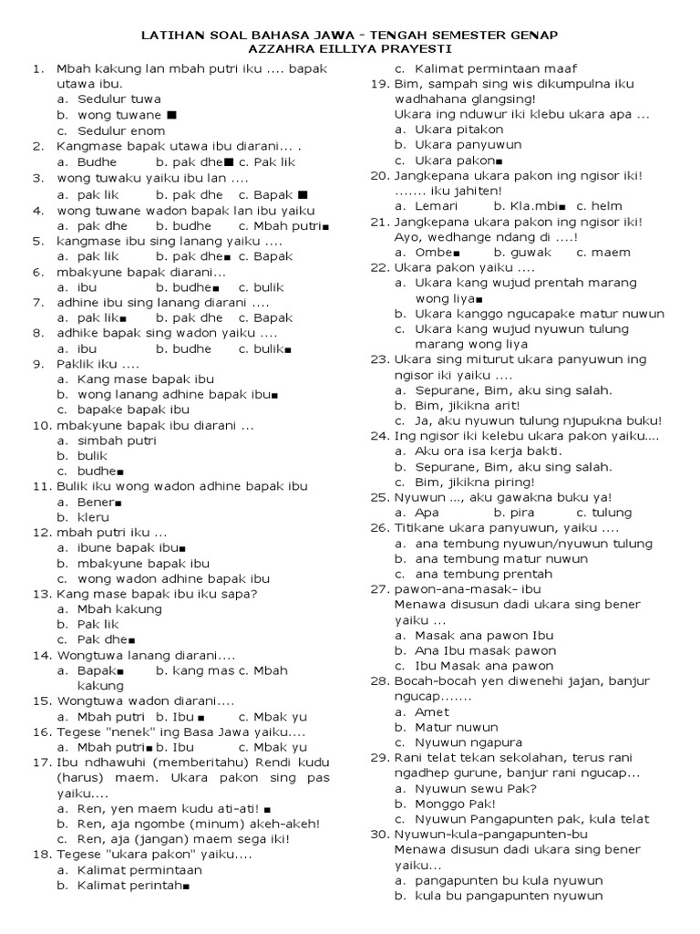 LATIHAN SOAL BAHASA JAWA kelas 1 semester genap | PDF