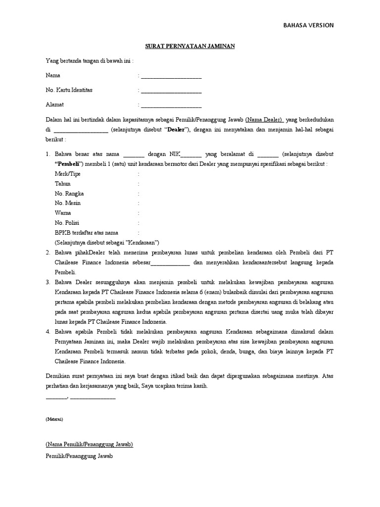 Surat Pernyataan Jaminan Dealer Bahasa Version V 2 Latest Pdf
