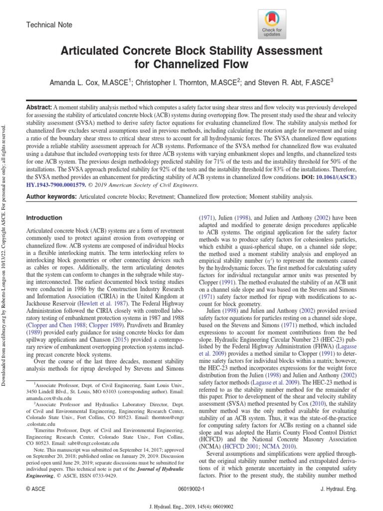 Cox Et Al - 2019 - Articulated Concrete Block Stability Assessment For Channelized Flow ...