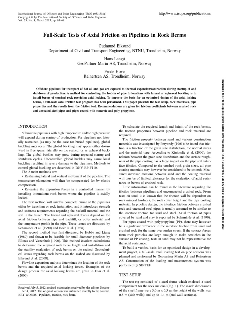 2013 - Eiksund - Full-Scale Tests of Axial Friction On Pipelies in Rock ...