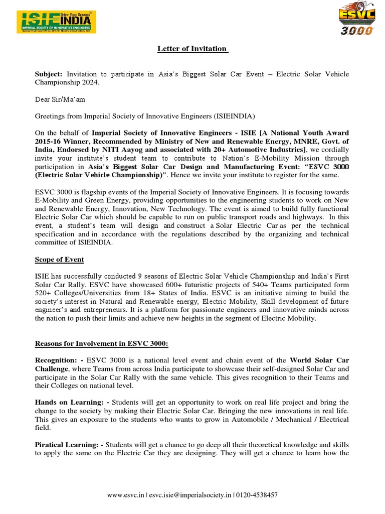 Invitation to ESVC 3000 Solar Car Event | PDF | Electric Vehicle ...