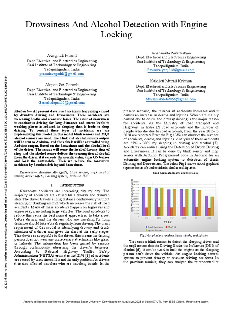 Drowsiness and Alcohol Detection With Engine Locking | PDF