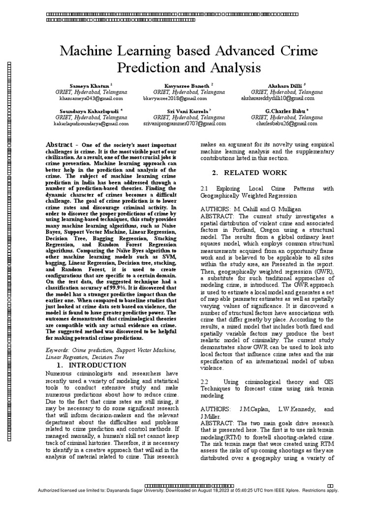 Machine Learning Based Advanced Crime Prediction and Analysis | PDF ...